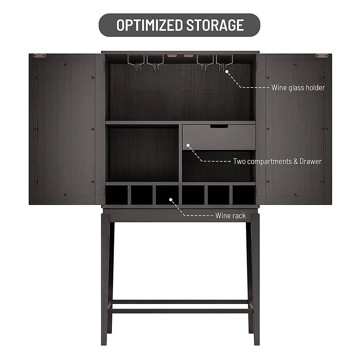 JIEJIEGAO Double Mirror Door Bar Cabinet, Wine Solid Rubber Wood Rack Cabinet, with 8 Wine Glass Holder Sideboard, with Featuring Two-Tier Storage, Wooden Storage Cabinet, Kitchen Organizer