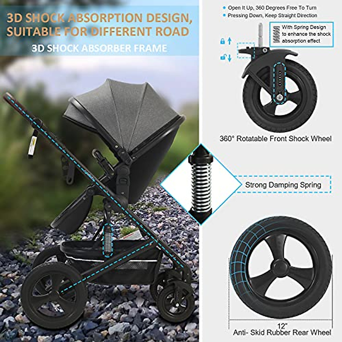 Newborn Infant Toddler Baby Stroller - Strollers with Backrest Adjustable Reversible, 2 in 1 High Landscape Convertible Bassinet Foldable Aluminum Alloy 3D Shock Absorption All Terrain Pram Dark Gray