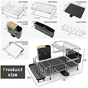 GOFLAME Dish Drying Rack with Drainboard, 2-Tier Detachable Dish Rack with 360°Swivel Spout, Utensil Holder, Cup Holder, Large Capacity Dish Drainer Set for Kitchen Counter