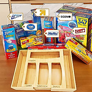 Expandable Ziplock Bag Storage Organizer for Kitchen Drawer, 1 Box 6 Slots Bamboo kitchen Ziplock Bag Organizer and Dispenser Suitable for Gallon, Quart, Sandwich & Snack Variety Size Bag, Cling Film