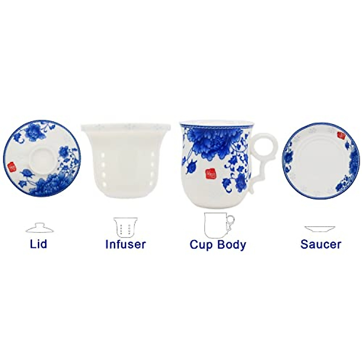 Tea Talent Porcelain Tea Cup with Infuser Lid and Saucer Sets - Chinese Jingdezhen Ceramics Coffee Mug Teacup Loose Leaf Tea Brewing System for Home Office