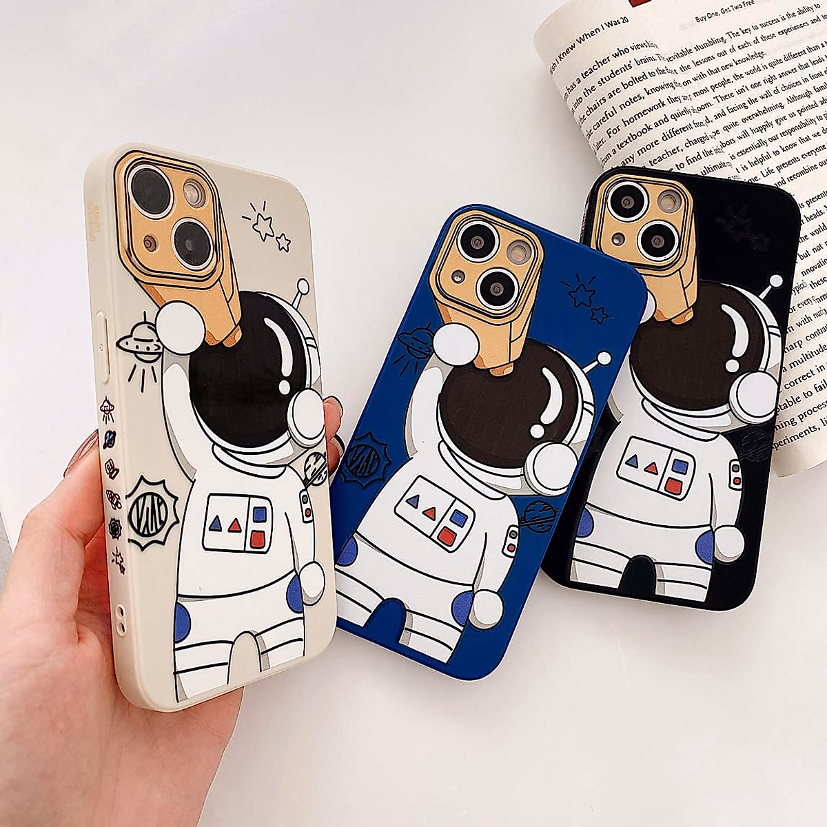 BeeTag Soft Silicone Case for iPhone 13 6.1 Inch with Wrist Lanyard Strap,Space Astronaut Design TPU Cartoon Graphics Bumper Shockproof Anti-Slip Protective Cover (LSJ),LANSJ