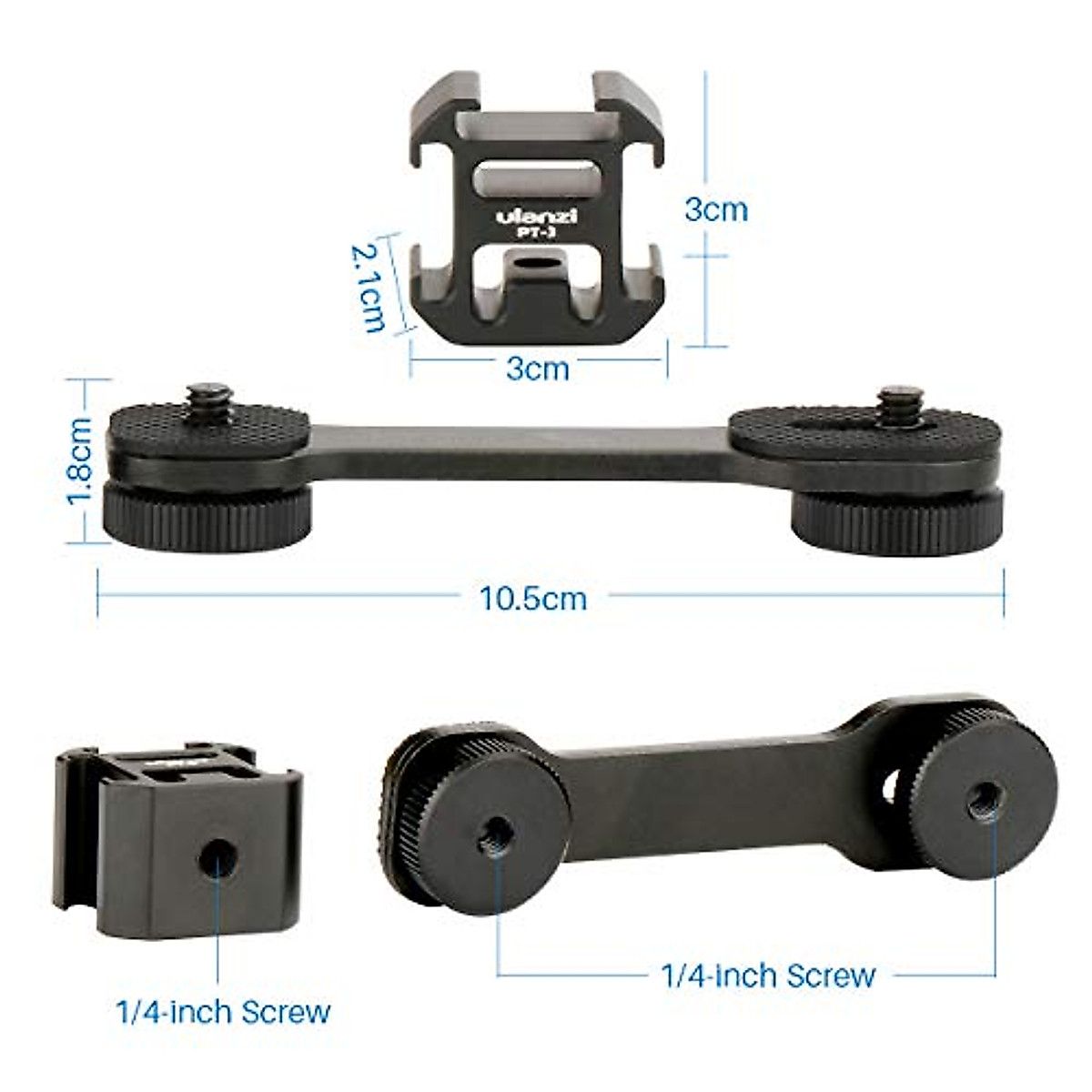 Ulanzi PT-3 Triple Cold Shoe Gimbal Microphone Mount Extenstion Bar, w 1/4 inch Adapter Video Light Microphone Mount Compatible for DJI OM 4/OSMO Mobile3/Zhiyun Smooth q 4/Feiyu Gimbal Stabilizer