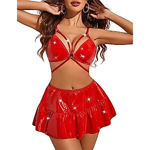 Avidlove Women Exotic Lingerie Set Sexy PU Leather Bra Top and Panty Set with Mini Skirt Sexy Lingerie Outfits Red
