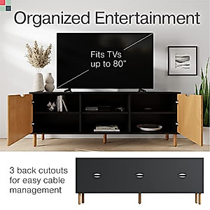 Stead Contemporary Fluted TV Stand 2023 Collection- 70” Entertainment Center Console Table with Storage for Living Room - Fits 32 to 80" TVs (Black and Oak)