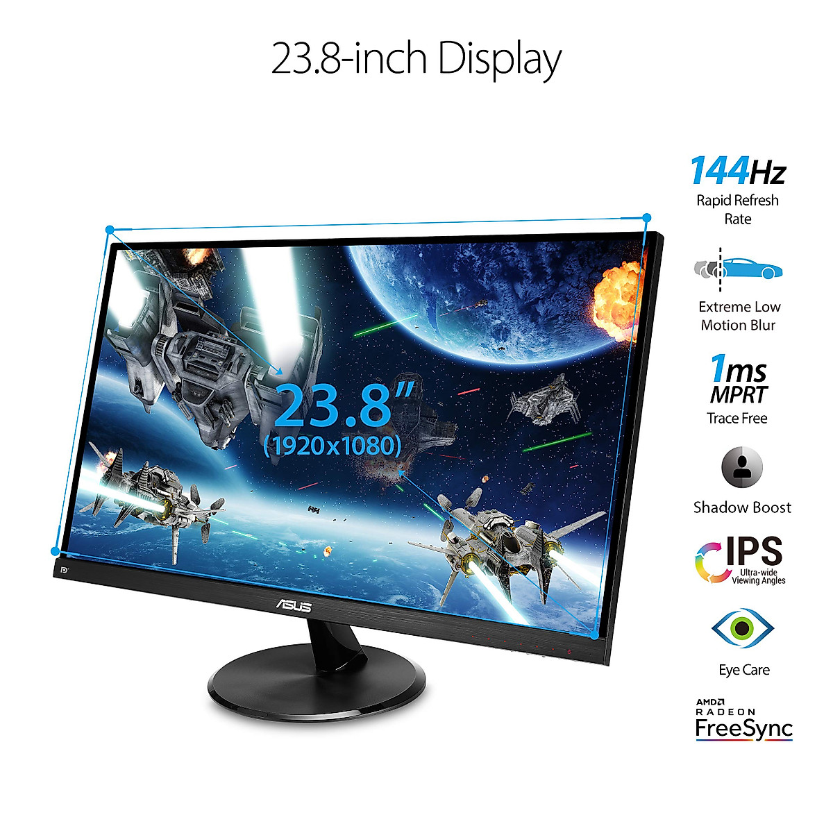ASUS VP249QGR 23.8 Gaming Monitor 144Hz Full HD (1920 x 1080) IPS 1ms FreeSync Extreme Low Motion Blur Eye Care DisplayPort HDMI VGA,BLACK (Renewed)