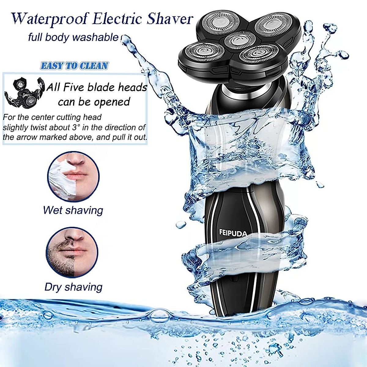 Electric Razor for Men 4 in 1 Head Shaver Grooming Kit Cordless Rechargeable Waterproof Rotary Shaver with Nose Hair Trimmer& Sideburns Trimmer &Facial Cleansing Brush FEIPUDA