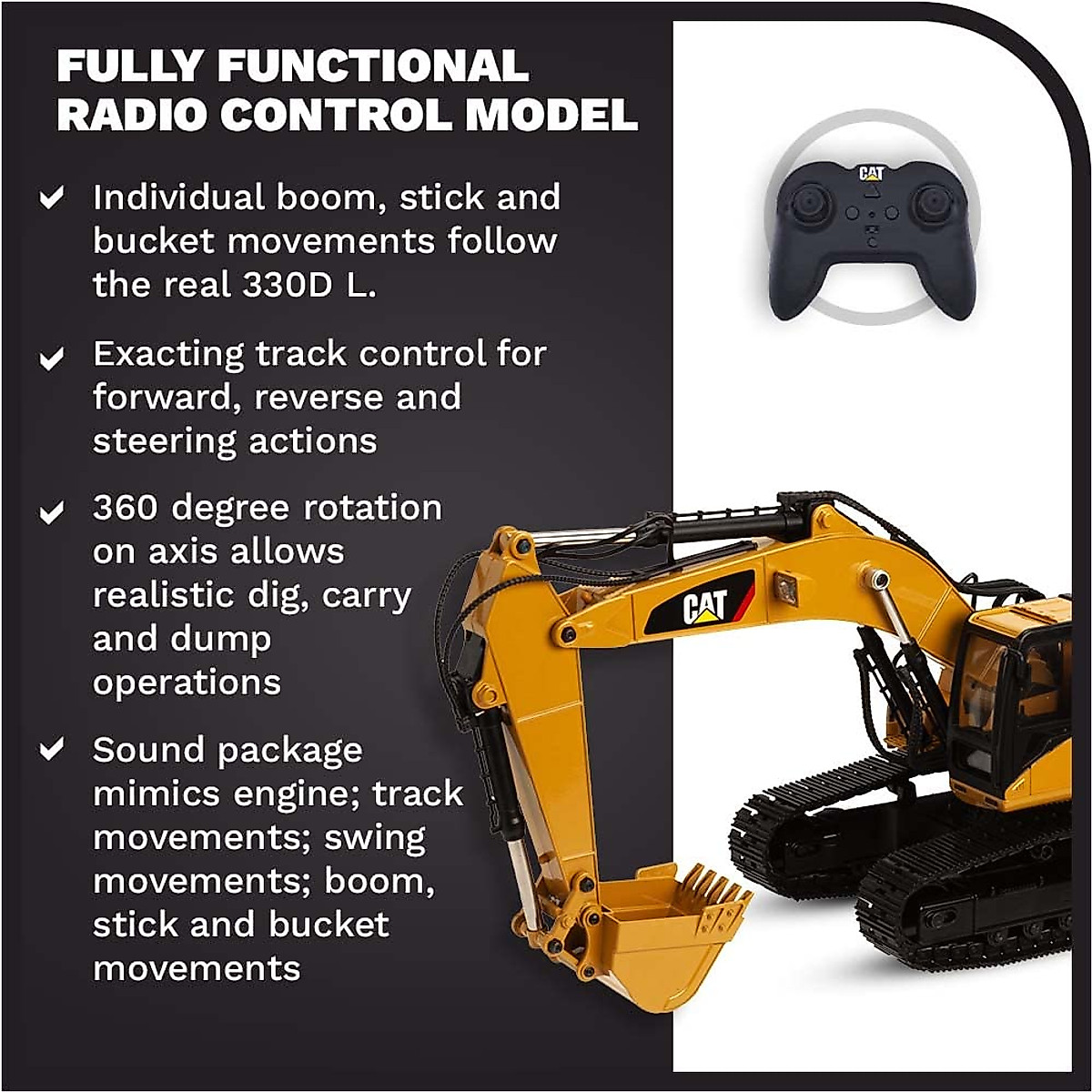 Diecast Masters RC Truck Cat 330D L Hydraulic Excavator | Fully Functional Radio Control Excavator Truck | 1:20 Scale Model Remote Control Truck, RC Caterpillar Trucks | CAT Yellow Diecast Model 28001