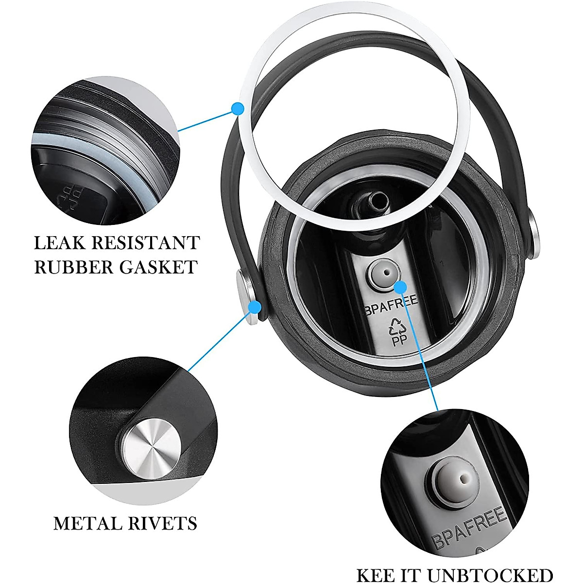 FLORAPELL Straw Lid for Hydro Flask Wide Mouth Water Bottles, Top Lids with Straw Compatible with Hydro Flask 32 40 oz, Replacement Cap Wide Mouth Accessories Flip Lid Flex Handle (Black - 2 Pack)