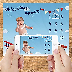 Airplane Monthly Milestone Blanket Adventure with Pilot Hat and Picture Frames Aircraft Growth Tracker Calendar Soft Plush Fleece Photography Prop Backdrop Newborn Baby Boy Shower Gift 40" X 50"