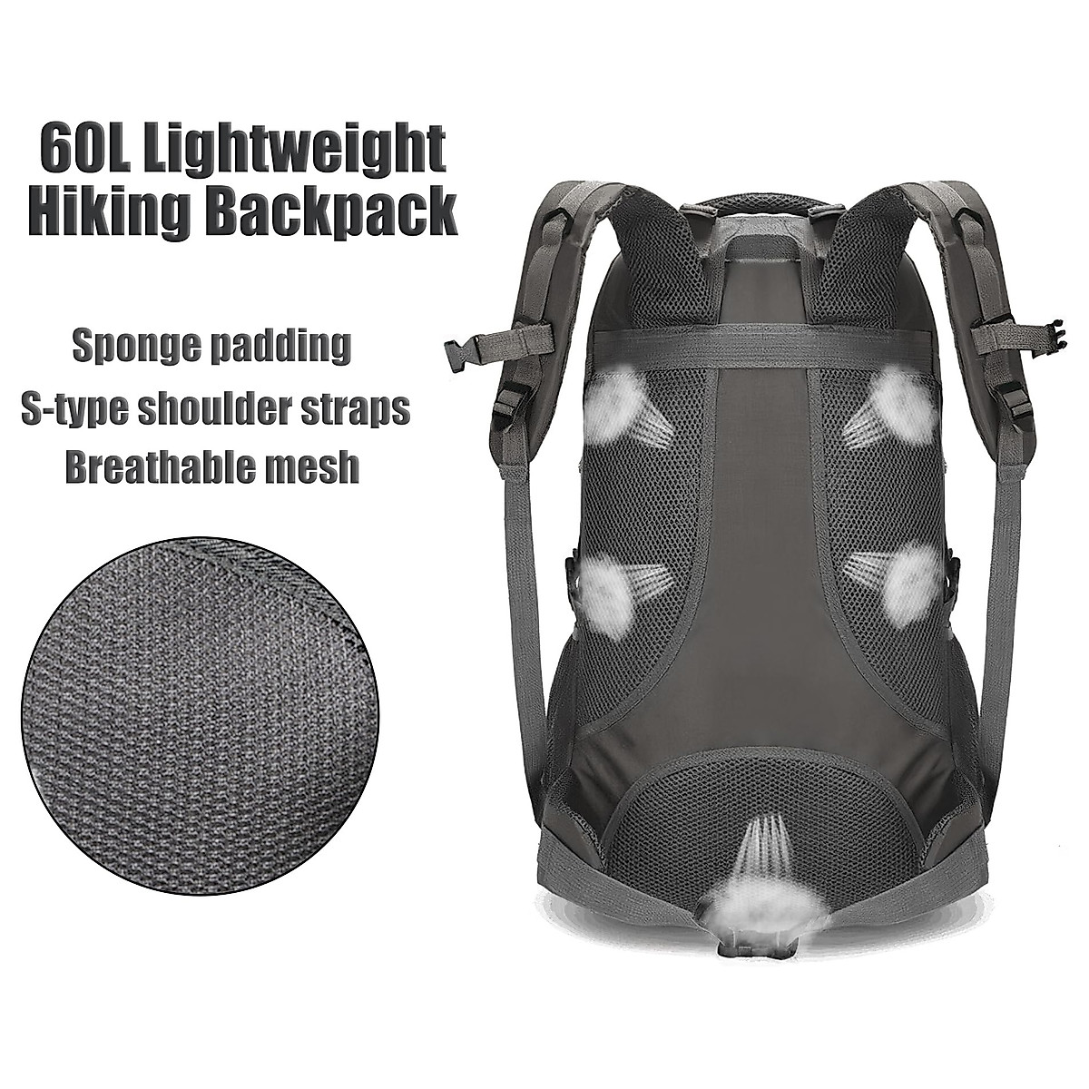 Yesland 60L Lightweight Hiking Backpack, Outdoor Sport Travel Daypack Camping Backpack Hiking Bag for Cycling, Hiking, Running, Climbing, Touring, Men, Women, Black