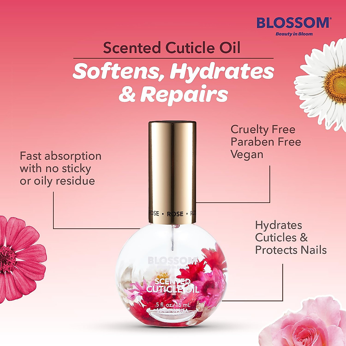 Blossom Hydrating, Moisturizing, Strengthening, Scented Cuticle Oil, Infused with Real Flowers, Made in USA, 0.5 fl. oz, Rose