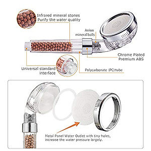 Filtered Shower Head with Mineral Stone Beads Filter, 3 Settings Handheld Spray Ecowater Spa Shower, High Pressure Water Saving Showerhead with Hose, Bracket and PP Cotton Filter Replacement