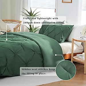 DOWNCOOL Twin Comforter Set Dark Emerald Green - 2 Pieces Cute Pinch Pleated Bed Set, All Season Soft Fluffy Bedding Comforter Sets, Pintuck Twin Bedding Sets with 1 Comforter & 1 Pillowcase