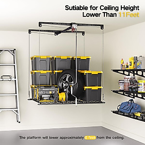 Overhead Garage Storage Rack, 4x4 Ft Garage Ceiling Storage Lift, Heavy-Duty Ceiling Mounted Garage Storage Lift System for Garage Organization, 250lbs Weight Capacity, Matte Finish