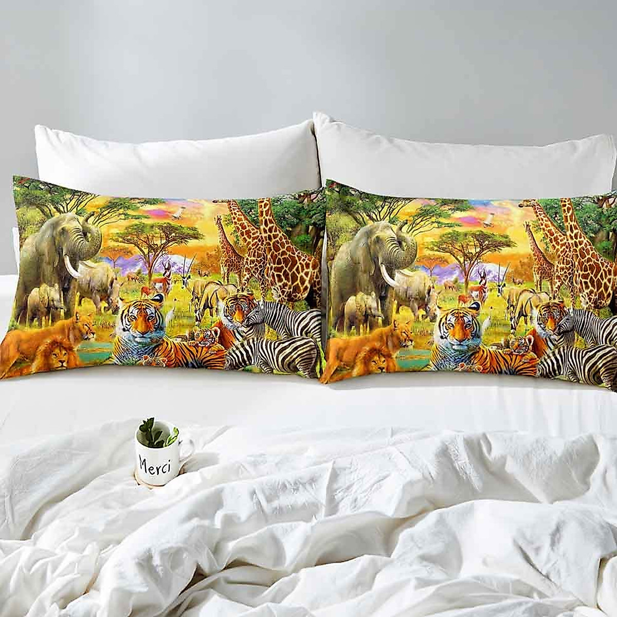 VIVIHOME 2PCS Safari Animal Duvet Cover, Twin Bedding, Boys Kids Bedding, Zoo Jungle Animal Tiger Lion Elephant Zebra Giraffe African Wildlife Wild Animal Comforter Bedspread Quilt Cover, 1 Pillowcase