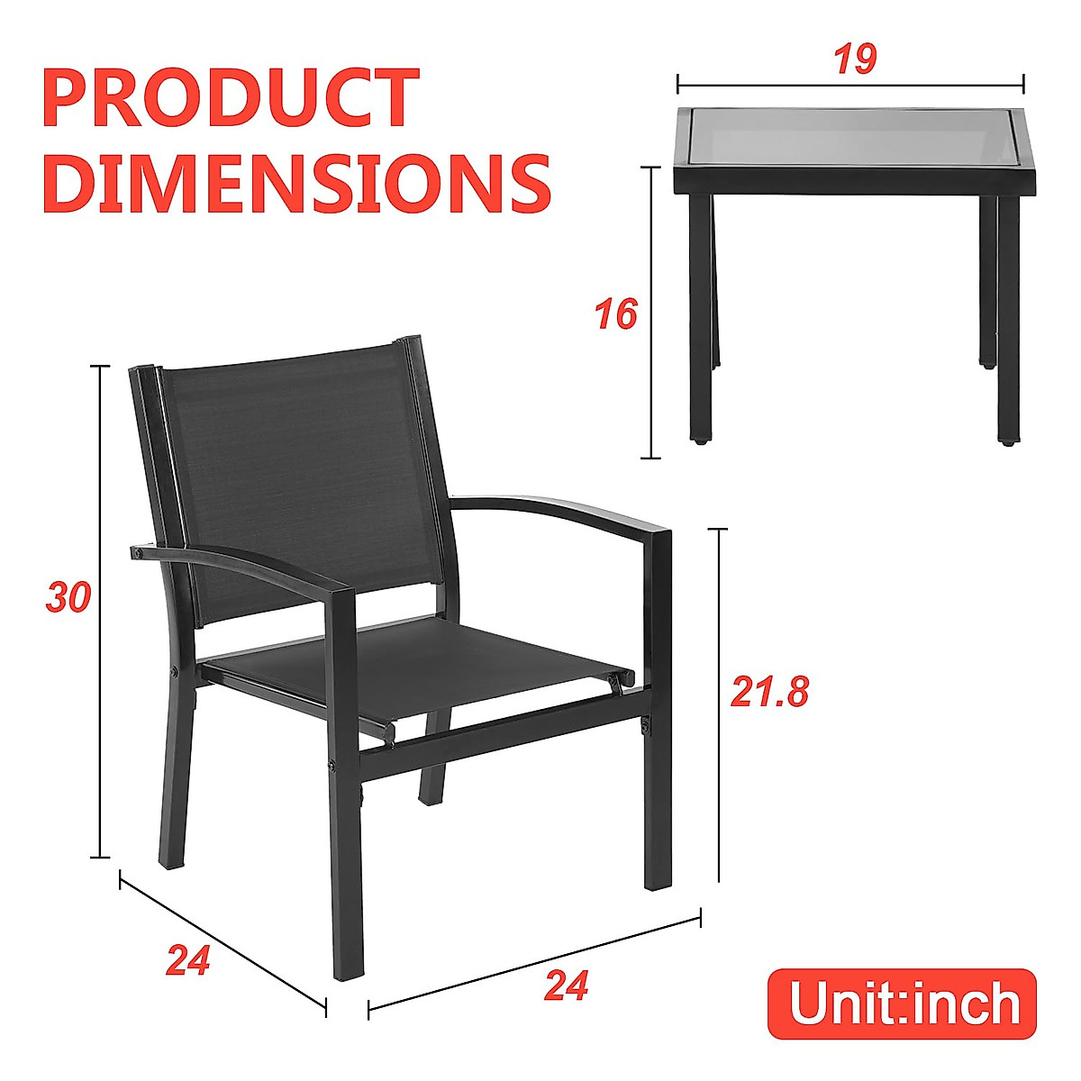 FDW 3 Pieces Patio Furniture Set, Outdoor Garden Patio Conversation Sets with Glass Top Table & 2 Lawn Chairs Outdoor Bistro Set, for Backyard Lawn Porch Garden Poolside Balcony