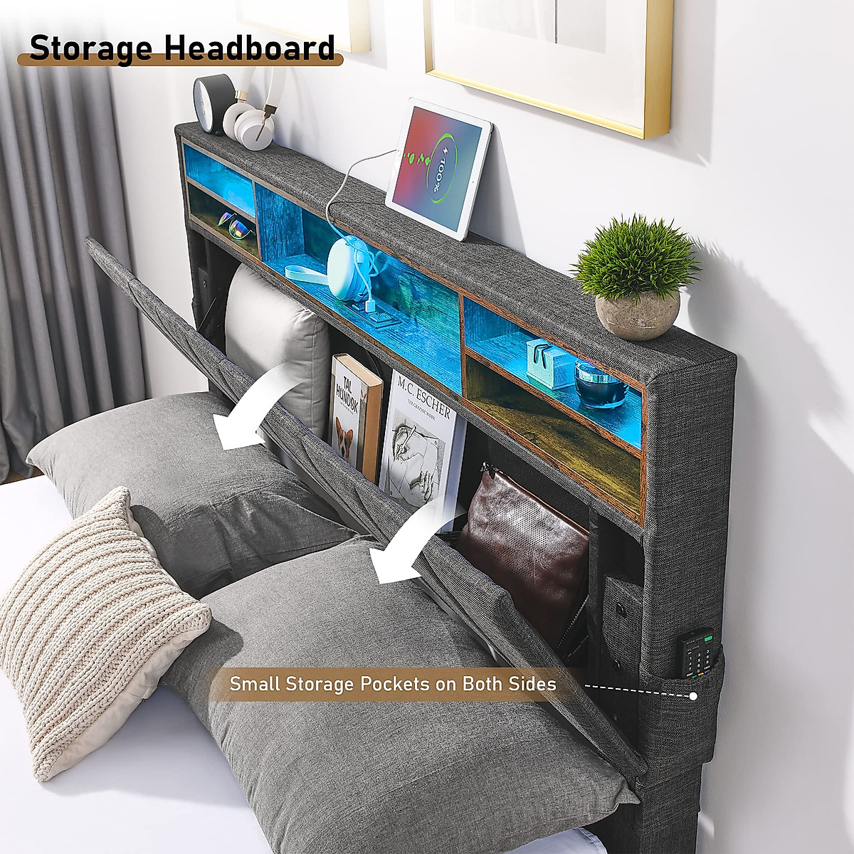 Queen Bed Frame with Tall Bookcase Headboard and Charging Station, LED Bed Frame with 2 Storage Drawers, Upholstered Mattress Foundation with Wooden Slats Support, No Box Spring Needed,Dark Grey