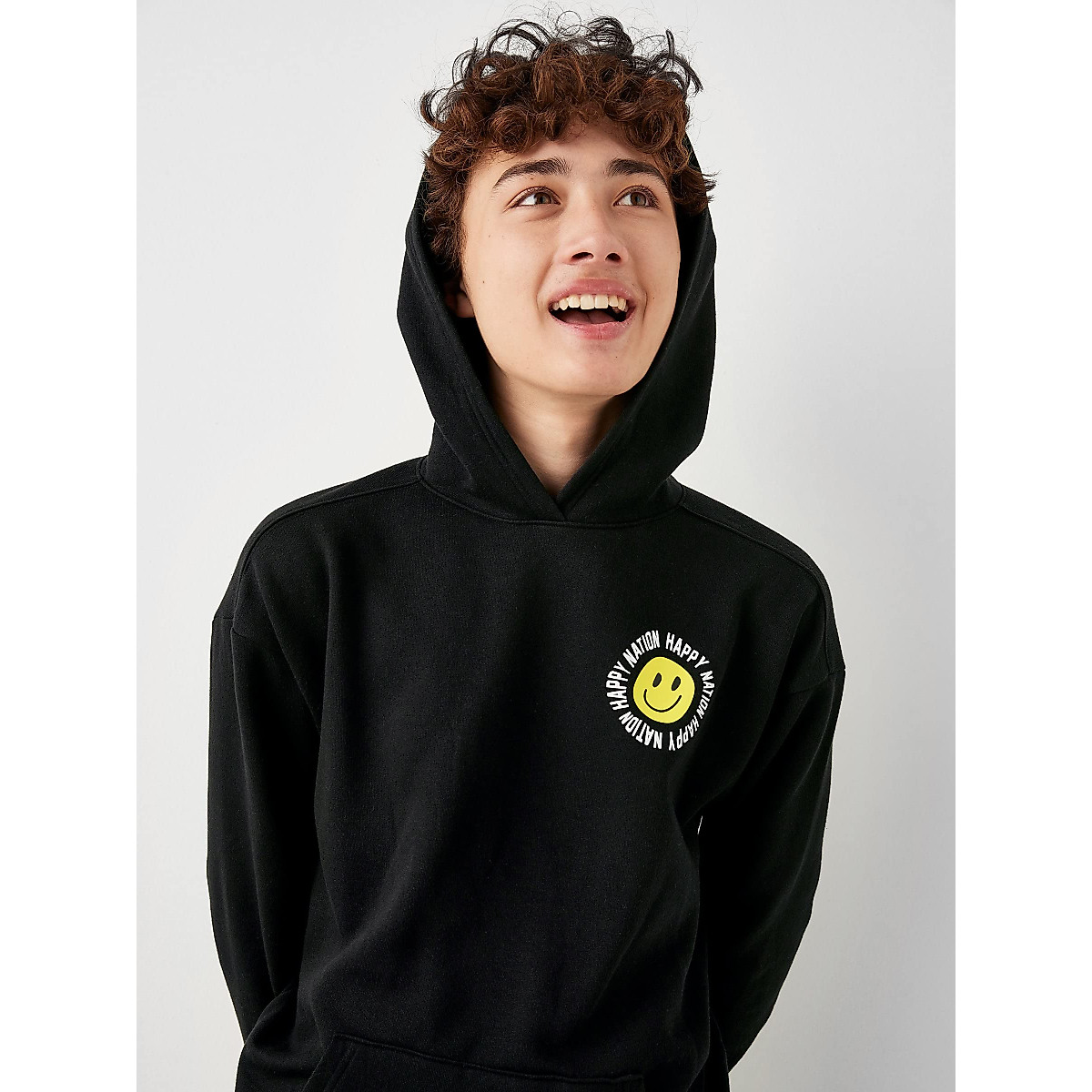 Happy Nation Relaxed Fleece Hoodie Sweatshirt, Pure Black, Medium