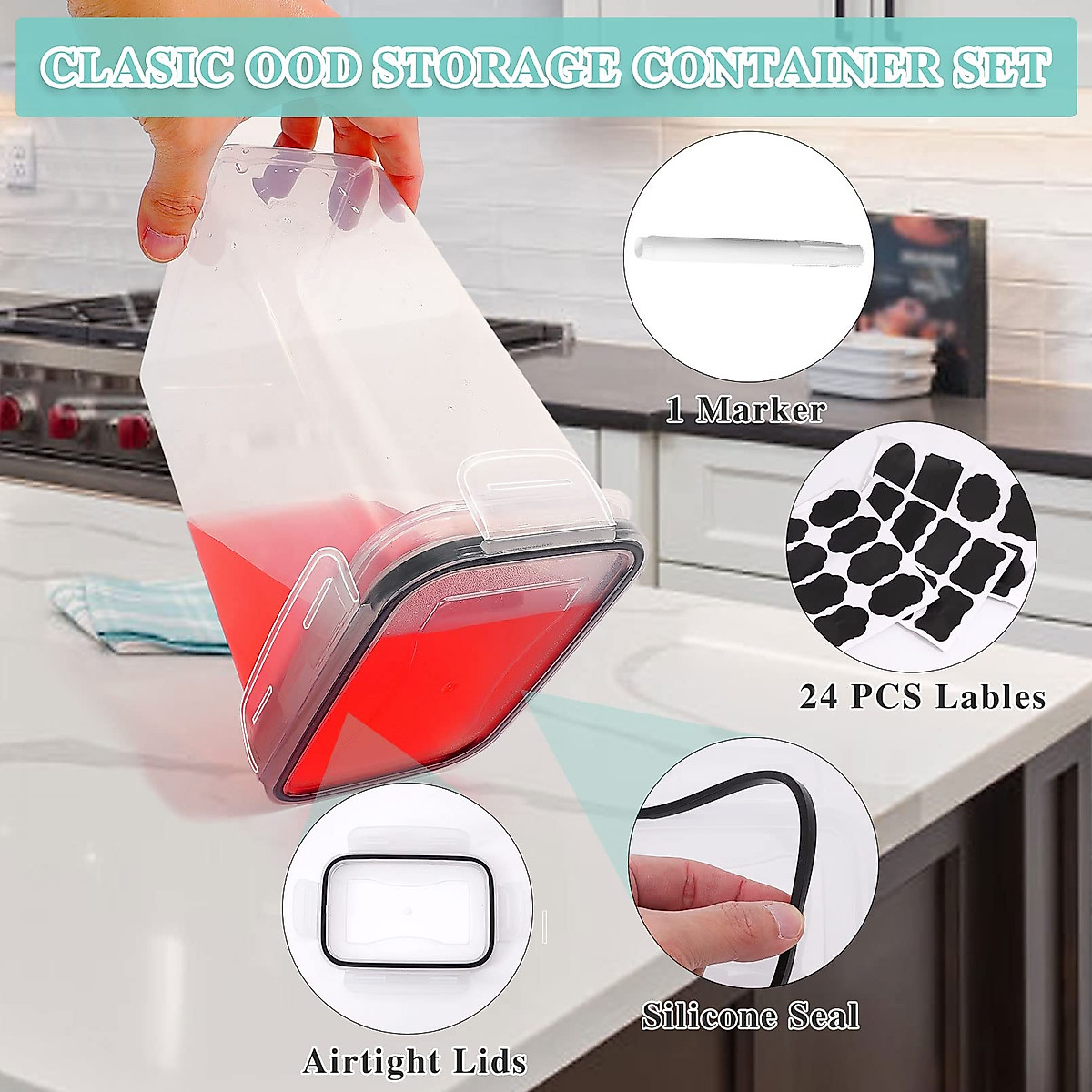 Jeffbaubl 7 PCS Airtight Food Storage Containers,Kitchen Storage Containers with Lids,Plastic Dry Food Canisters with Marker & 24 Labels For Pantry Organization Storage,BPA Free