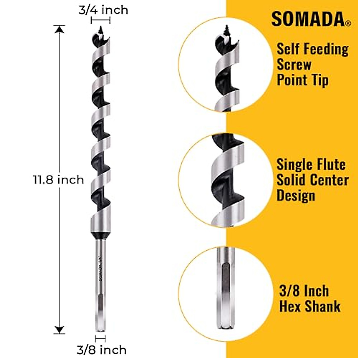 SOMADA 3/4-Inch x 12-Inch Auger Drill Bit for Wood, Hex Shank 3/8-Inch, Ship Auger Long Drill Bit for Soft and Hard Wood, Plastic, Drywall and Composite Materials