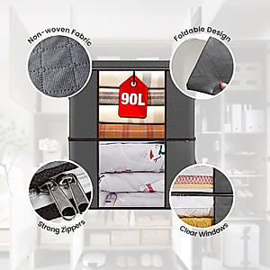 Joymeezo 90L Grey Large Storage Bags, 6 Pack Foldable Closet Organizers Linen Storage Containers with Zippers and Durable Handle for Clothing, Blanket, Comforters, Pillows, Sweaters and Toys