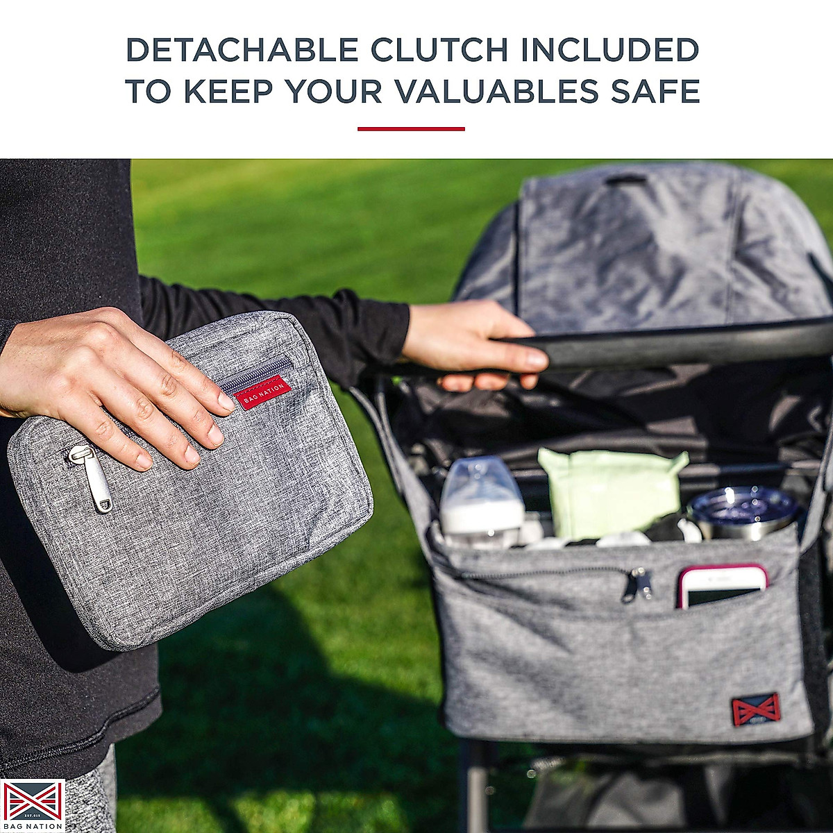 Bag Nation Universal Stroller Organizer Caddy Featuring Cup Holders, Large Main Pocket Compatible with Uppababy, Baby Jogger, Britax, Bugaboo, BOB, Umbrella and Pet Stroller - Grey