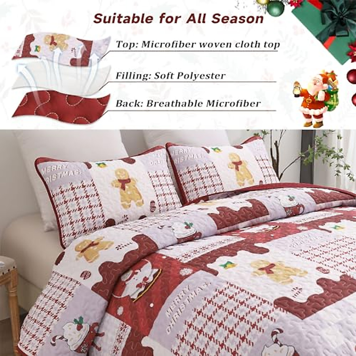 Drucon Christmas Quilt Set King Reversible Christmas Deer Snowflake Pattern Red Deer Plaid Patchwork Bedding Quilt Coverlet with 2 Pillowshams for All Season 104"x90"