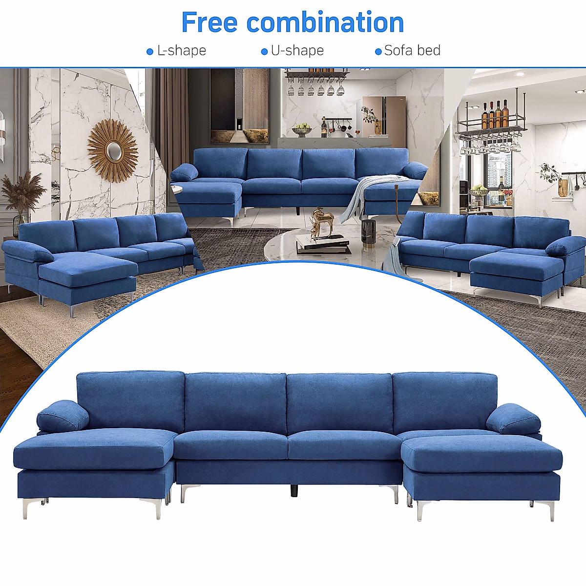 SUMKEA U-Shaped Sectional Sofa with Chaise, Larger Sectional Sofa Set for Living Room, Modern 128" Velvet Corner Sofa for Home and Office (Blue)