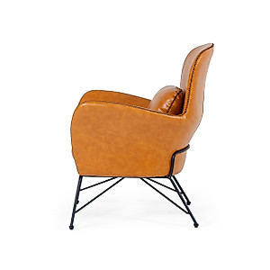 Benjara 35 Inch Accent Chair, Brown Faux Leather, Stitched Details, Metal Legs, Gray