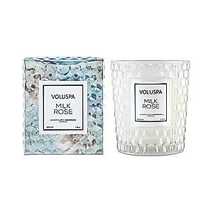 Voluspa Milk Rose Candle | Classic Textured Glass | 6.5 Oz. | 40 Hour Burn Time | Coconut Wax and Natural Wicks for a Cleaner Burn | Vegan | Hand-Poured in The USA