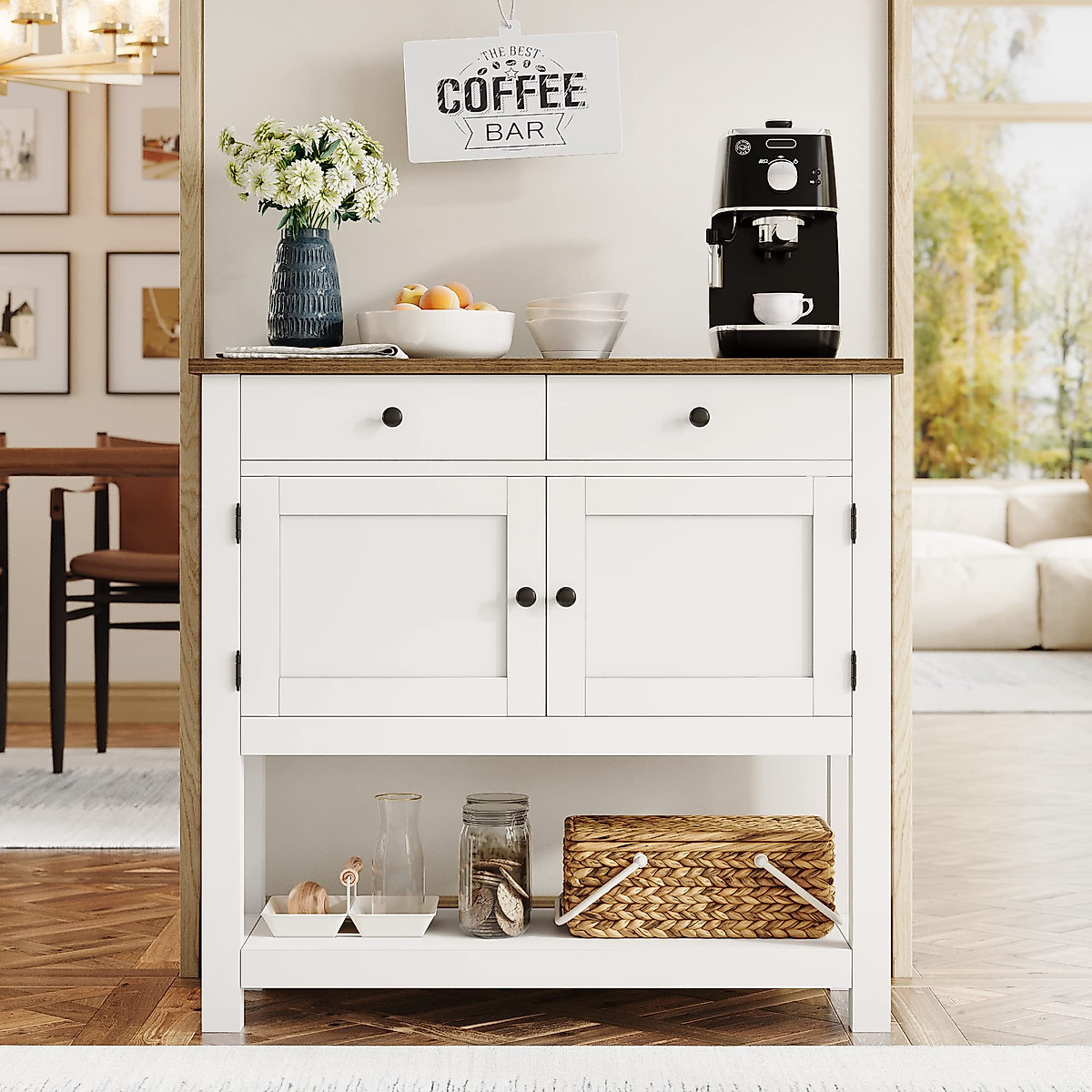 HOSTACK Farmhouse Console Table with 2-Door Cabinet & 2 Drawers, Coffee Bar, Entryway Table with Storage Shelf, Sofa Tables Buffet Sideboard for Kitchen, Hallway, Dining, Living Room, White