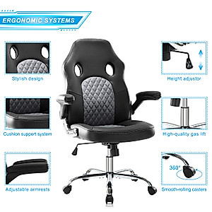 SMUG Gaming Ergonomic Office PU Leather Computer High Back Desk Swivel Task Chair with Lumbar Support/Adjustable Armrests, Grey