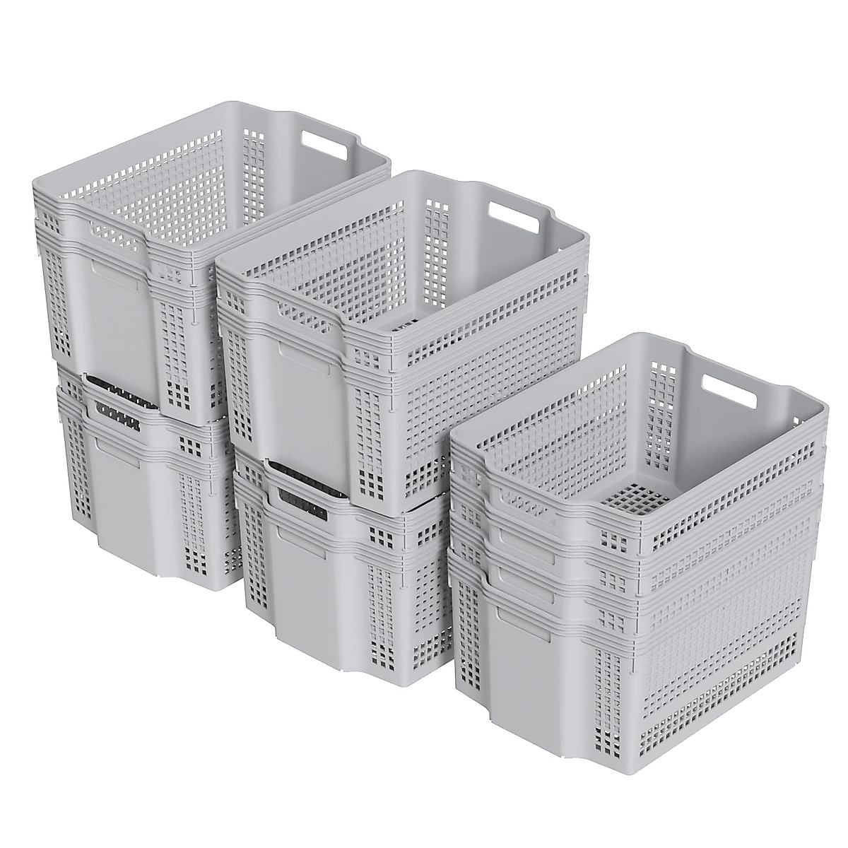 Wakikini 12-Pack Plastic Deep Storage Basket, Large Plastic Stackable Baskets, Gray
