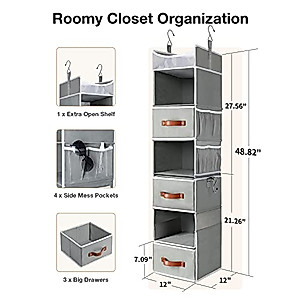 Yecaye Upgraded 7-Shelf Hanging Closet Organizers and Storage with 3 Drawers 4 Side Pockets, 2 Flexible 3-Shelf Closet Organizer System, Clothes Organizer Shelves for Bedroom Closet Rack