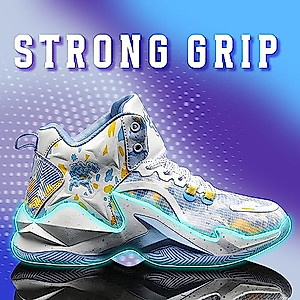 Promenie Men's High Top Basketball Shoes Fashionable Breathable Professional Outdoor Basketball Shoes White-Grey Size 9