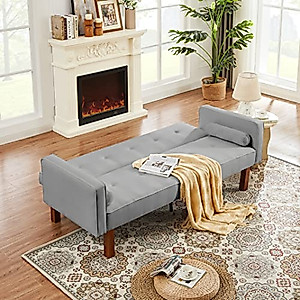 Verfur Upholstered Futon Sofa Bed for Small Spaces,74.4" Button Tufted 3 Seater Convertible Sleeper Couches Loveseat for Living Room,Bedroom and Office, Light Gray Comfy Linen