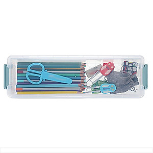 BTSKY Long Plastic Stackable Box Home, Office Supplies Storage Organizer Box Pencil Box Plastic Organizer Holder for Gel Pens Erasers Tape Pens Pencils Markers etc- 3 Pack - Clear with Blue Clip