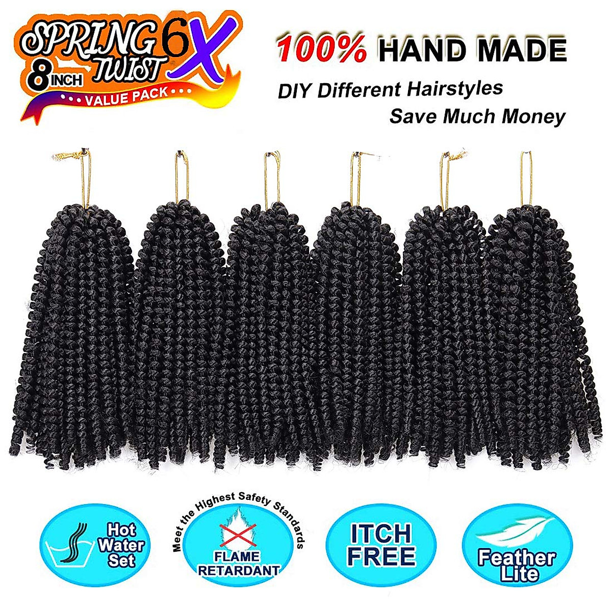 Spring Twist Hair - 8 Inch 6 Packs Spring Twists Crochet Hair for Women Black Synthetic Braiding Hair Low Temperature Fluffy Bomb Twist Hair Extensions, 1B