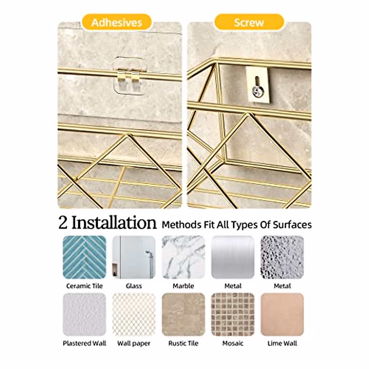 Iperlife Shower Caddy Gold, 2 Pack Shower Shelves Strong Adhesive Bathroom Shower Organizer with Hooks No Drilling Wall-Mounted Shower Shelf for Inside Shower