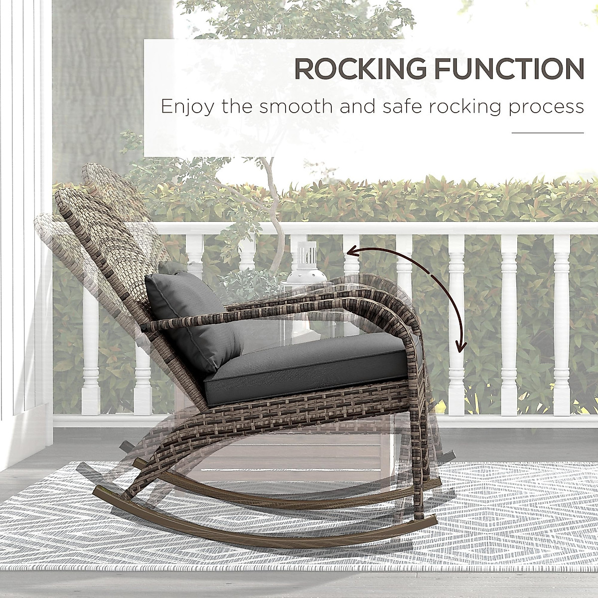 Outsunny Outdoor Wicker Adirondack Rocking Chair, Patio Rattan Rocker Chair with High Back, Seat Cushion, and Pillow for Garden, Porch, Balcony, Gray