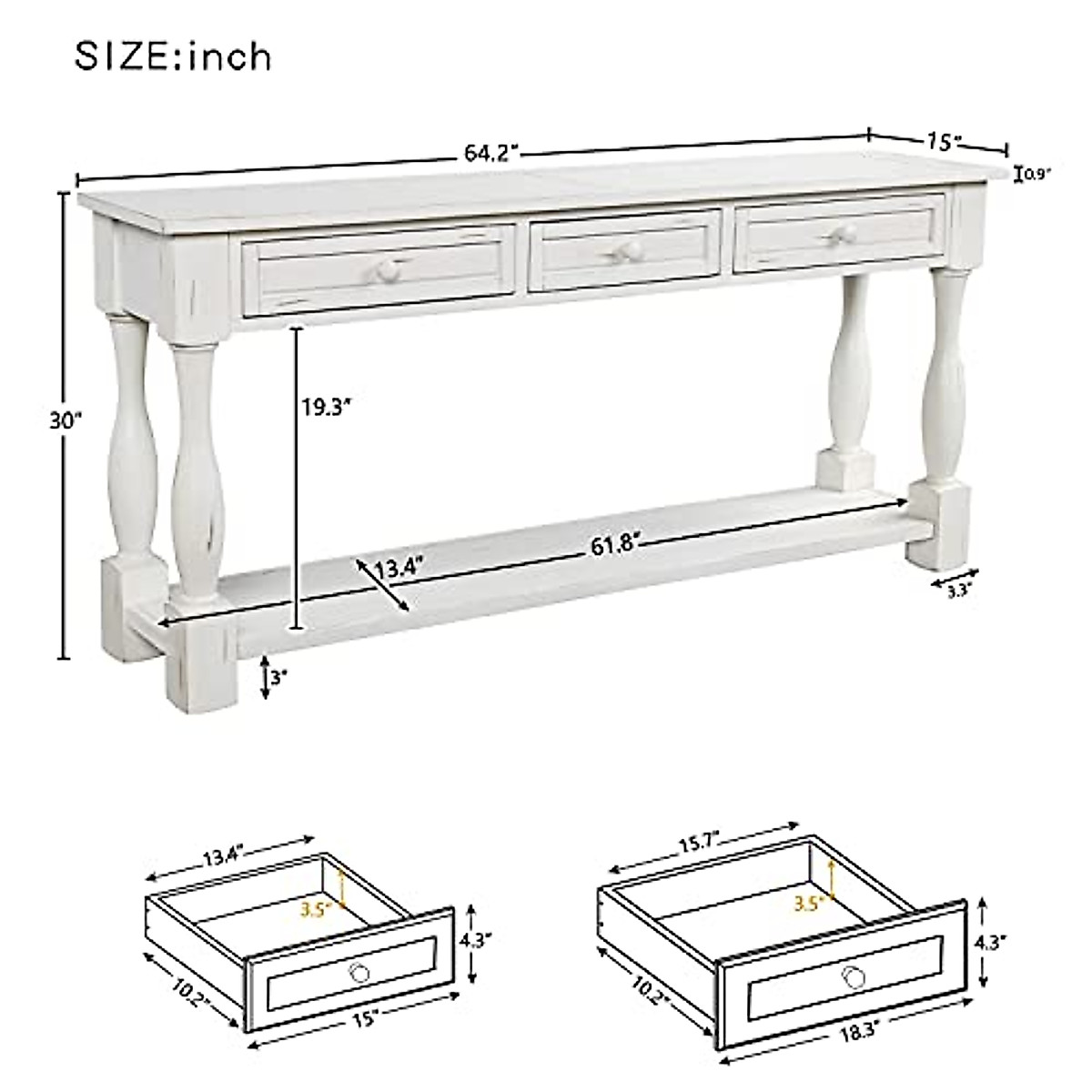 Goohome 64" Long Extra-Thick Console Table Sofa Table with 3 Drawers and Bottom Shelf, Open Countertop, Retro Mediterranean Style Solid Wood Accent Entryway Table for Hallway Living Room