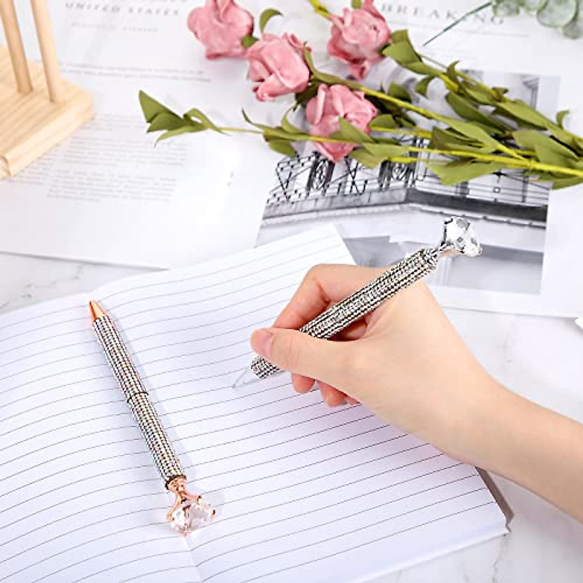 6 Pcs Big Diamond Pens with Crystal Bling Rhinestone Pen Metal Diamond Ballpoint Pens Glitter Wedding Bridal Shower Favors Diamond Black Ink Pens for Birthday Gift Supplies (Silver, Rose Gold)