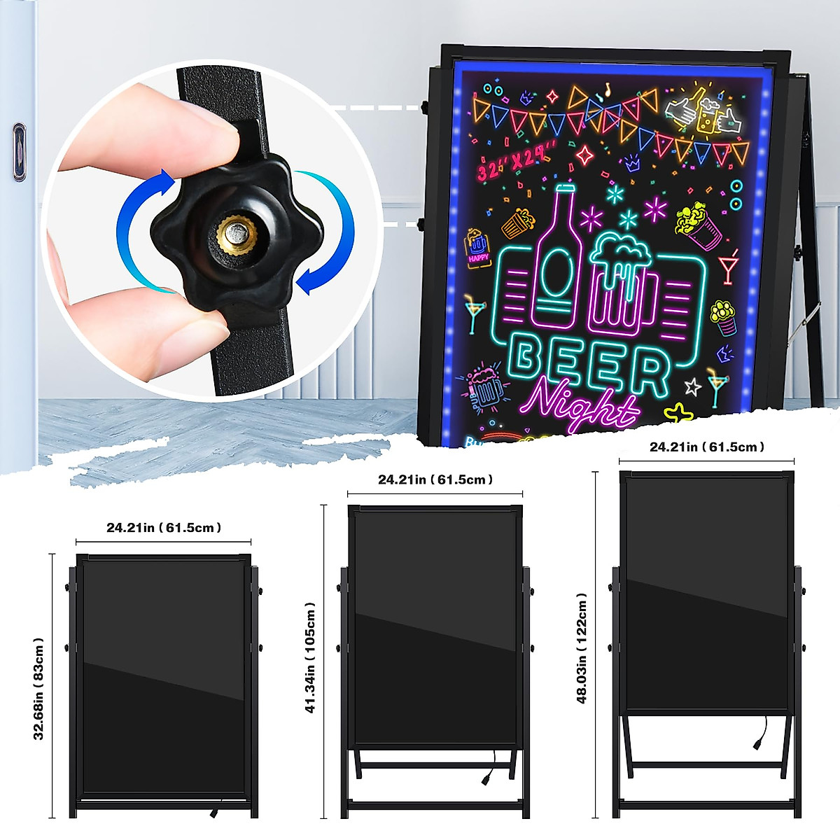 Hosim Standing A-Frame LED Message Writing Board, 24” x 16" Illuminated Erasable Neon Effect Restaurant Menu Sign, Flashing Mode DIY Message Chalkboard for Kitchen Wedding Promotions