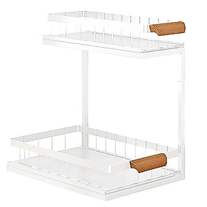 Under Sink Organizers and Storage, 2-Tier Sliding Cabinet Basket Organizer with Hooks, Multi-Purpose Under Sink Organizers and Storage for Bathroom Kitchen White