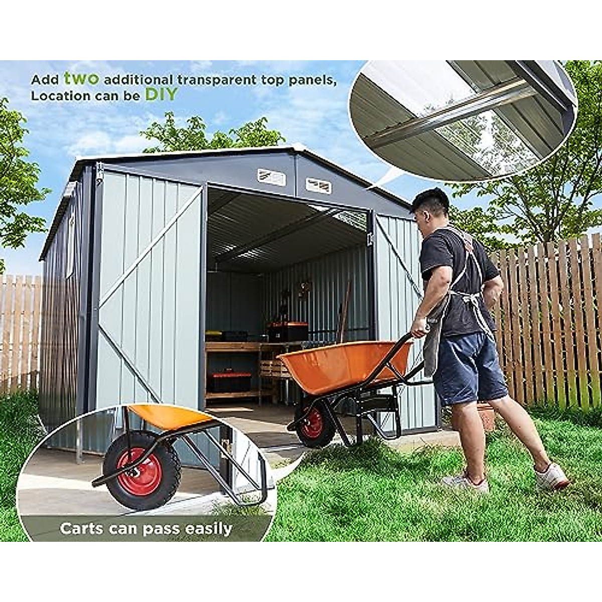 VanAcc 10x12x7.5 FT Outdoor Storage Shed, Galvanized Steel Metal Garden Sheds with 2 Light Transmitting Window and Double Lockable Door, Oversized Tool Sheds for Backyard Patio Dark Grey/White