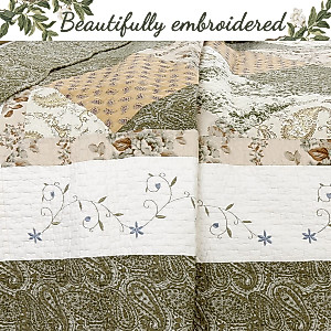 Cozy Line Home Fashions Floral Real Patchwork Green Beige Khaki Yellow Scalloped Edge Country 100% Cotton Quilt Bedding Set, Reversible Coverlet Bedspread (Laura, Twin - 2 Piece)