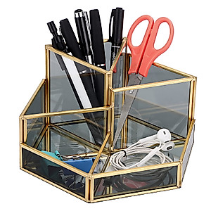 ELLDOO Multi-Functional Geometric Triangle Makeup Brush Holder, Gold Clear Black Glass Composite Hexagon Tray Jewery Organizer Nail Polish Skincare Perfume Lipstick Holder Storage for Dresser Bedroom