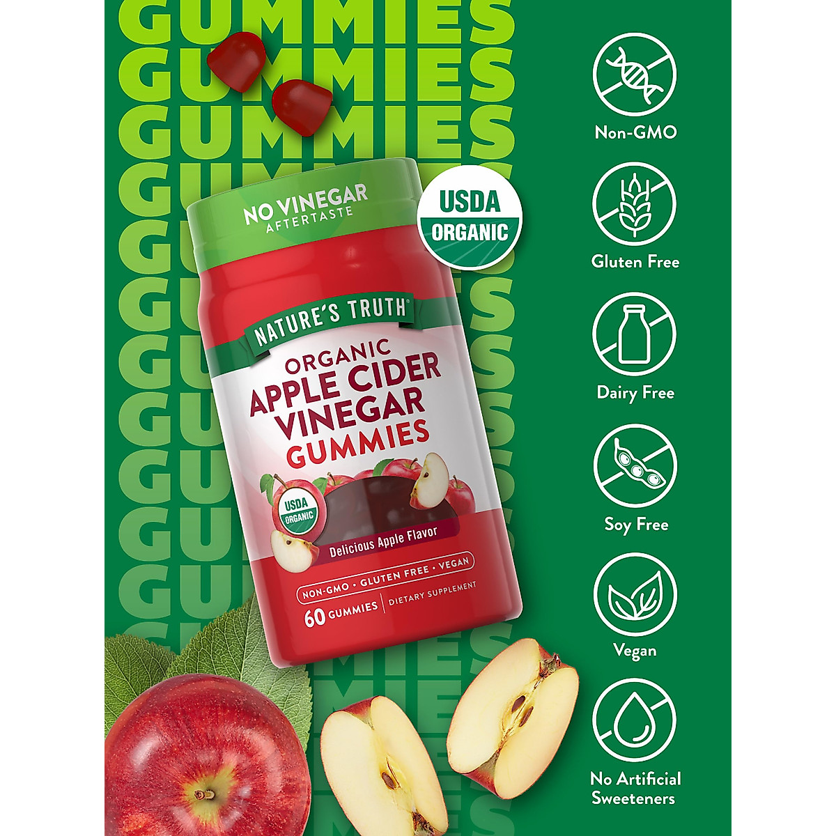 Nature's Truth Organic Apple Cider Vinegar Gummies | 60 Count | Vegan, Gluten Free & Non-GMO Supplement | USDA Organic | Apple Flavor
