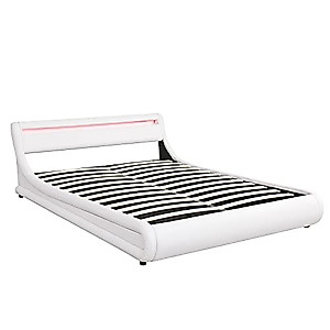 TARTOP Upholstered Faux Leather Platform Bed with a Hydraulic Storage System with LED Light Headboard Bed Frame with Slatted Queen Size,No Box Spring Needed,White